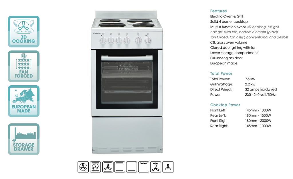 Euromaid EW50 50cm Fan Forced Electric Freestanding Oven/Stove – SA ...