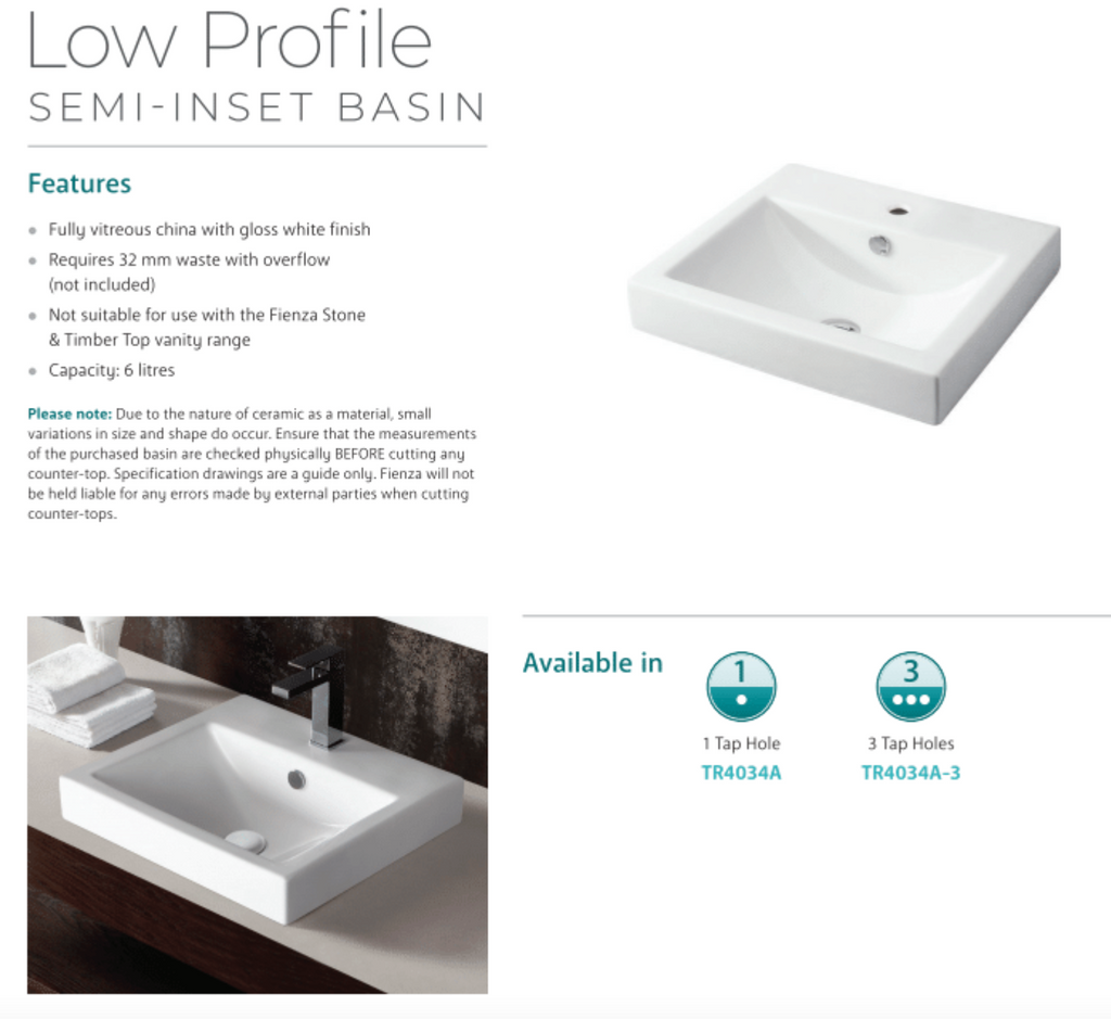 Fienza TR4034A Semi Inset 1 Tap Hole Ceramic Low Profile Basin, White ...