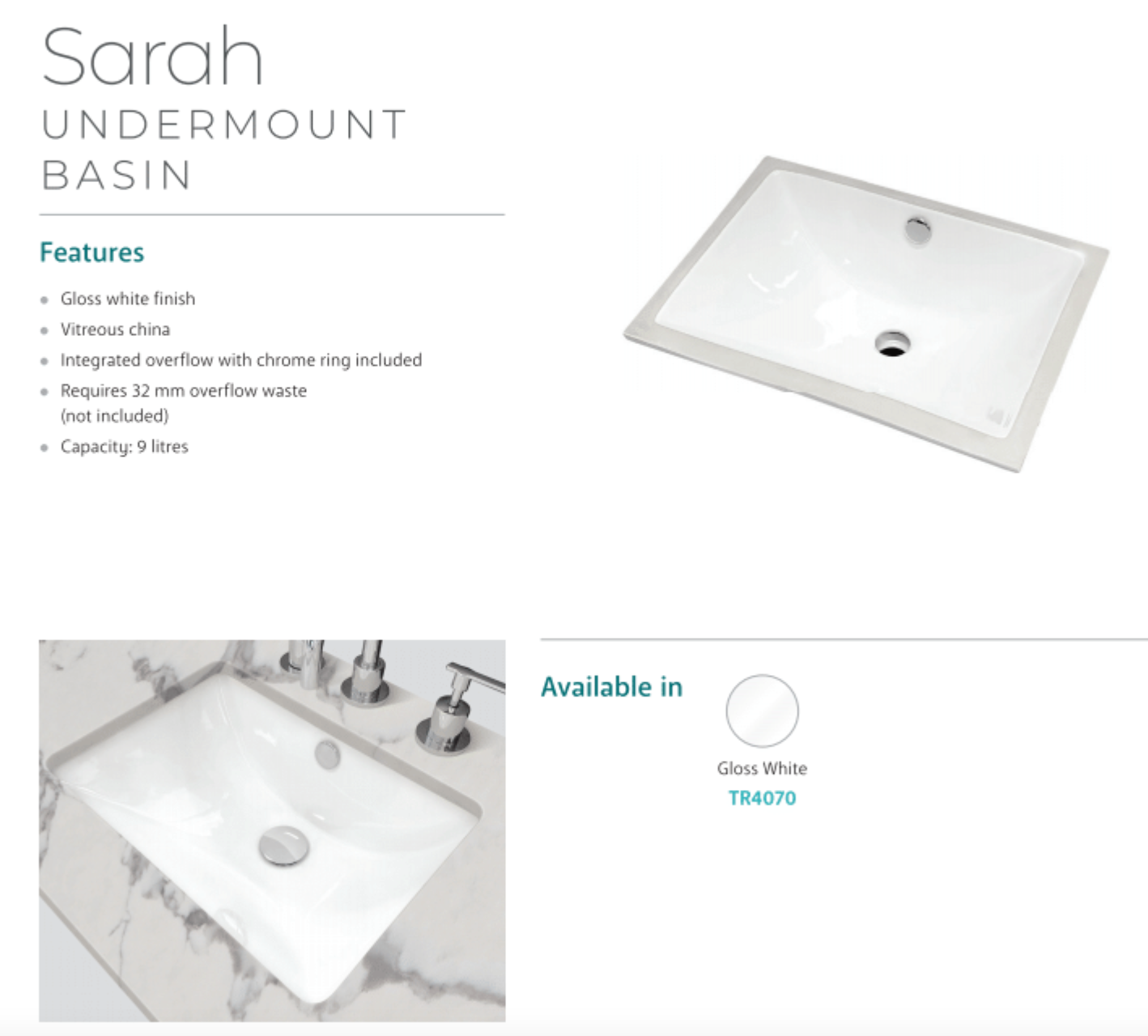 Fienza TR4070 Sarah Undermount Ceramic Basin, White – SA Appliance ...