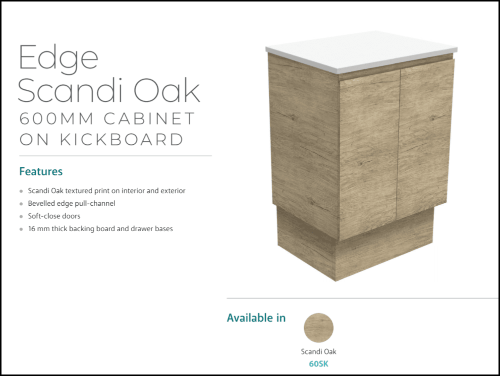 Fienza Dolce Edge TCL60SK 600mm Scandi Oak Wall Hung Vanity with Kickb ...