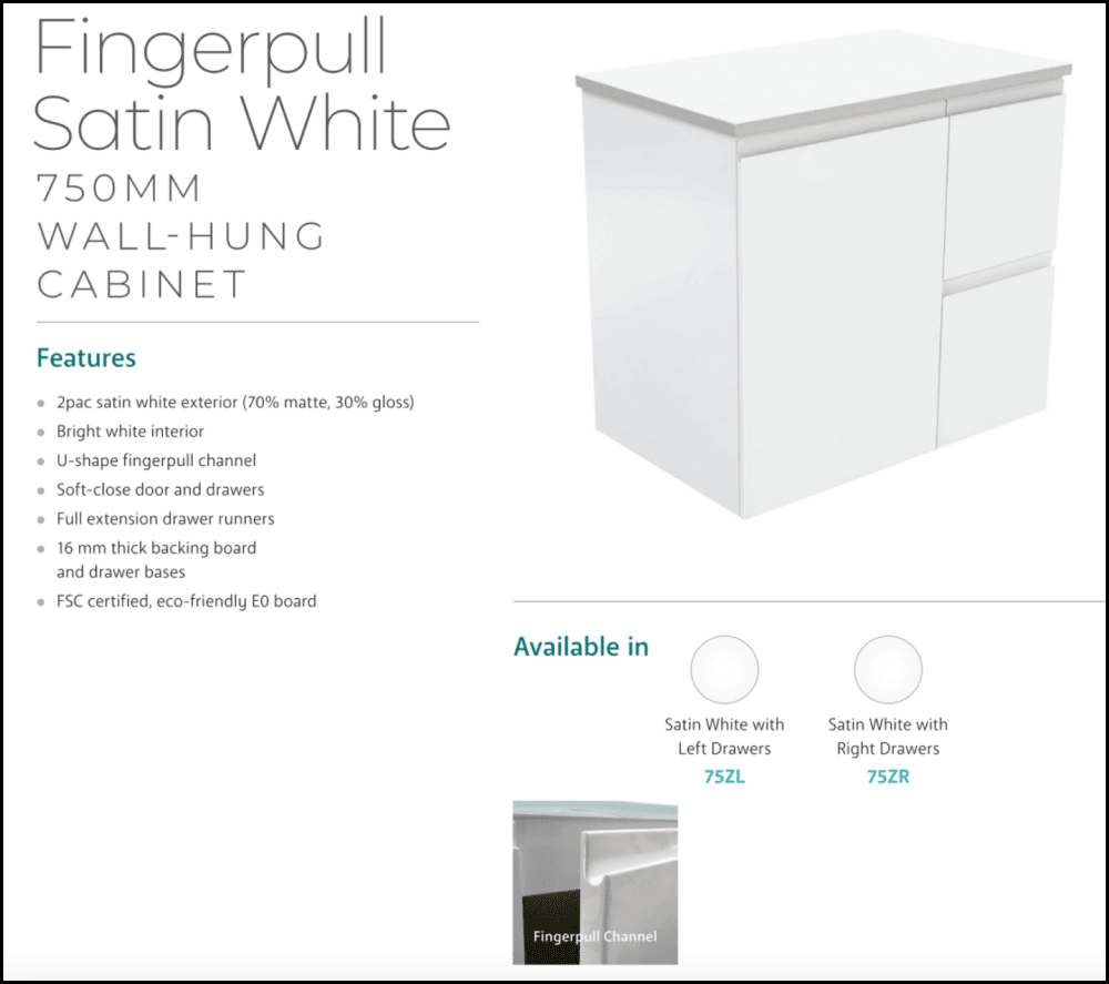 Fienza Dolce TCLB75ZR 750mm Matte Black Fingerpull Satin White Wall Hu – SA Appliance Warehouse